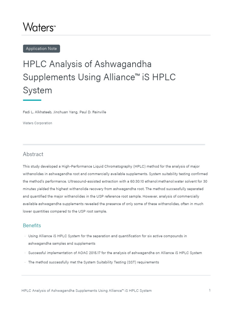 Ahwagandha Root Extract - HPLC C18 | PDF | High Performance Liquid Chromatography | Experiment