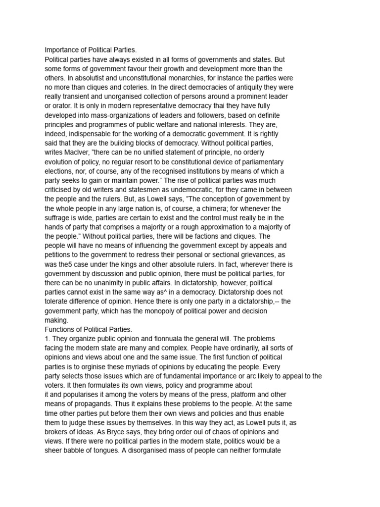 Role and Functions of Political Parties | PDF | Elections | Political ...