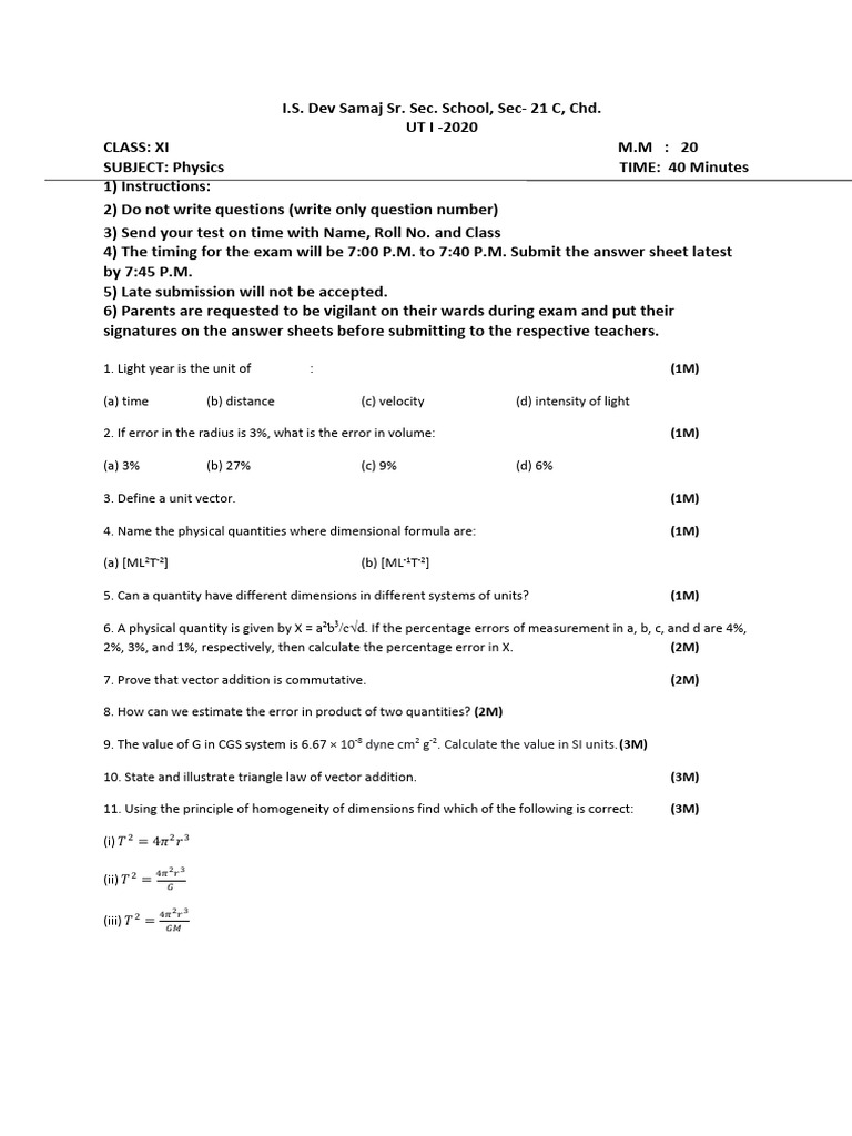 Class 11 UT 1 Physics v2 | PDF