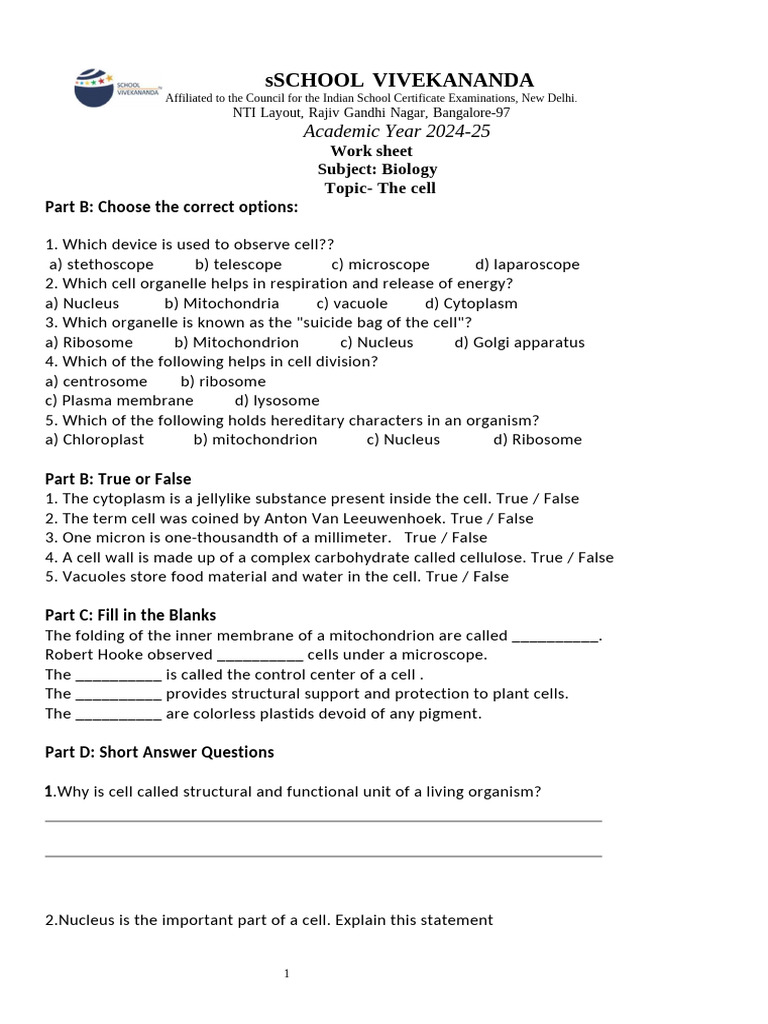 Cell Work Sheet-1 | PDF