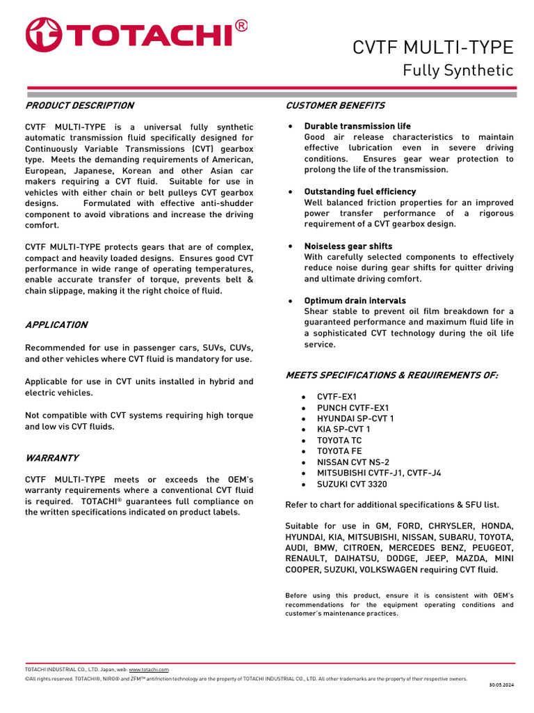 TDS - CVTF Multi Type1 | PDF | Belt (Mechanical) | Gear
