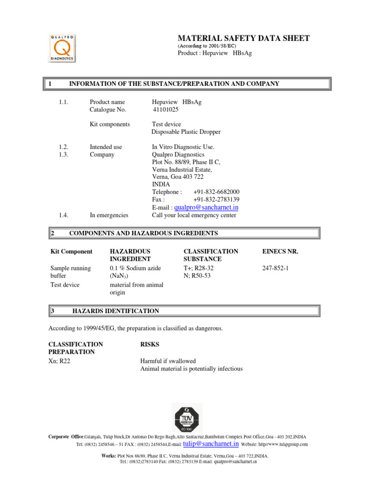 HEPAVIEW HBsAg (Device) MSDS | PDF | Firefighting | Toxicity