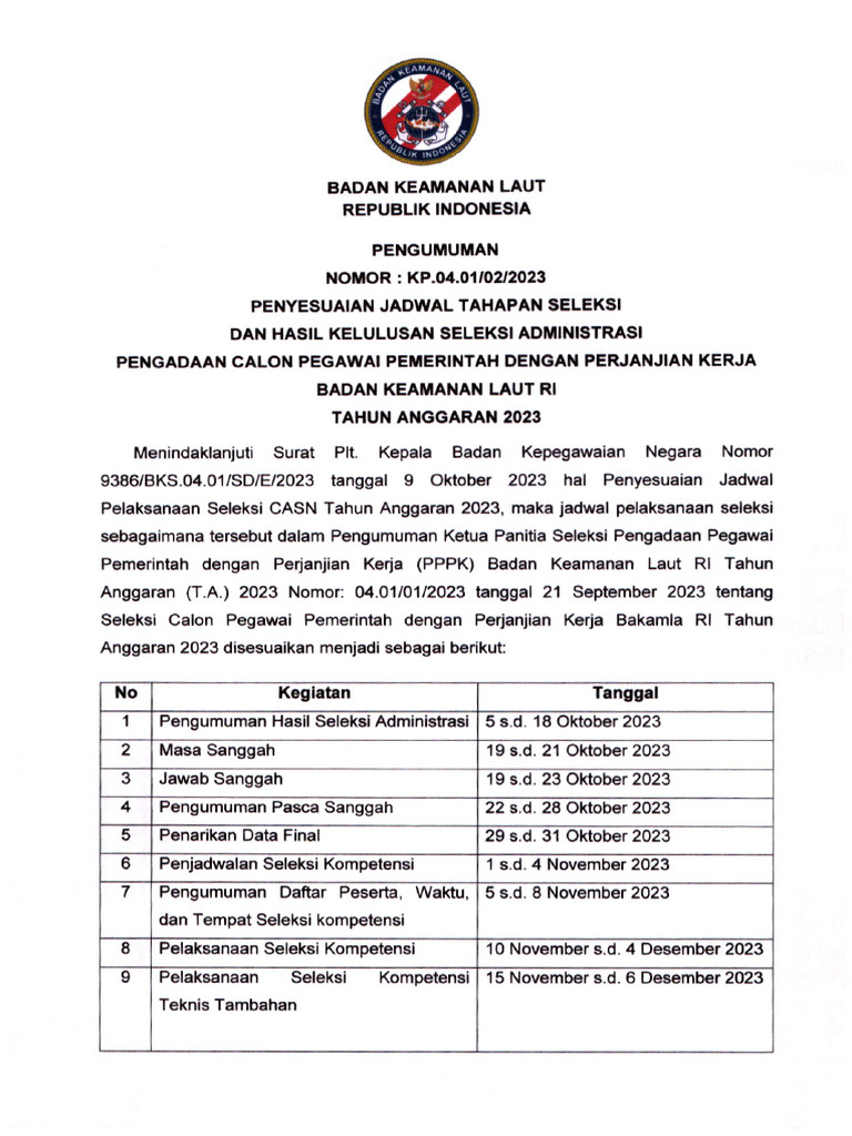 Pengumuman Kelulusan Administrasi Bakamla RI 2023 | PDF