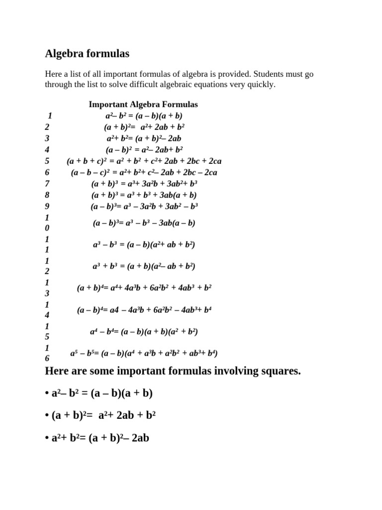 Algebra Formulas | PDF