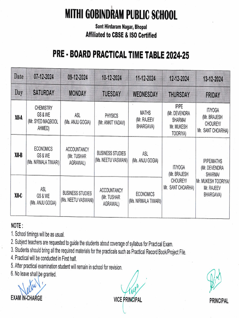 Pre-Board Practical Time Table 2024-25 | PDF