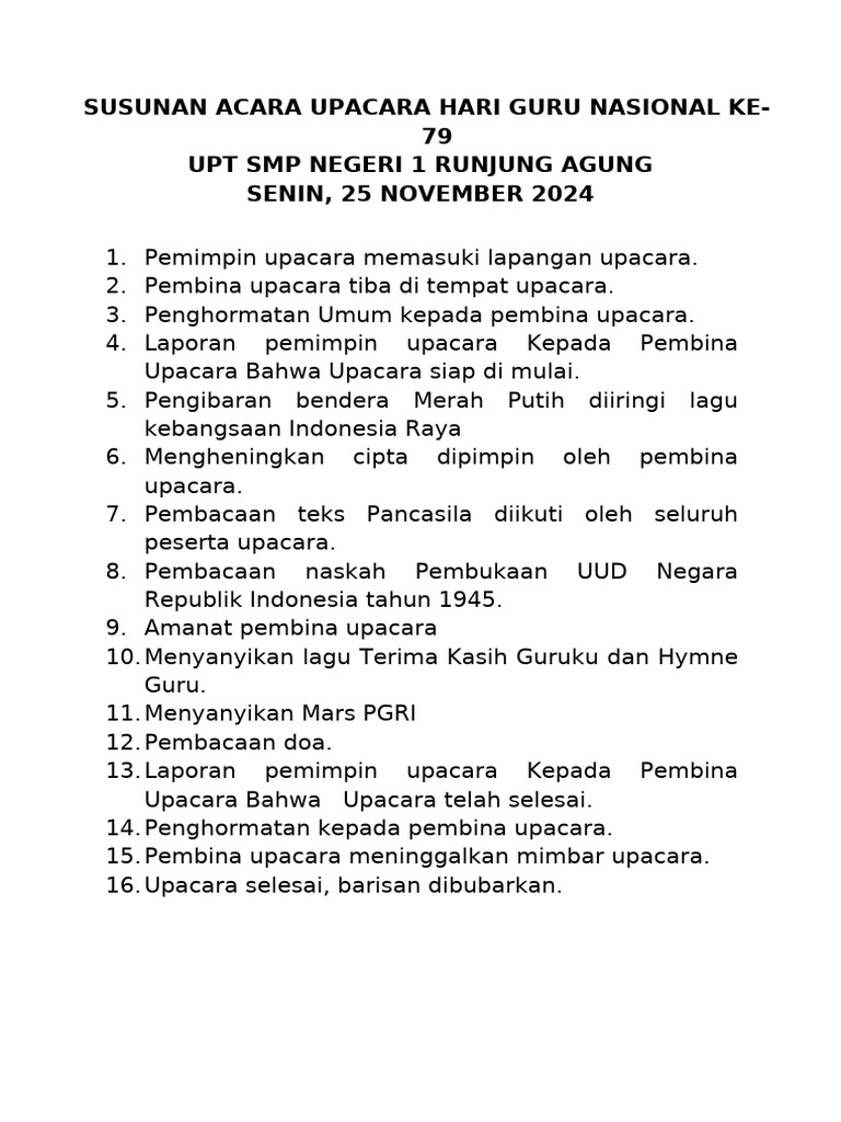 Susunan Acara Upacara Hari Guru Nasional Ke | PDF