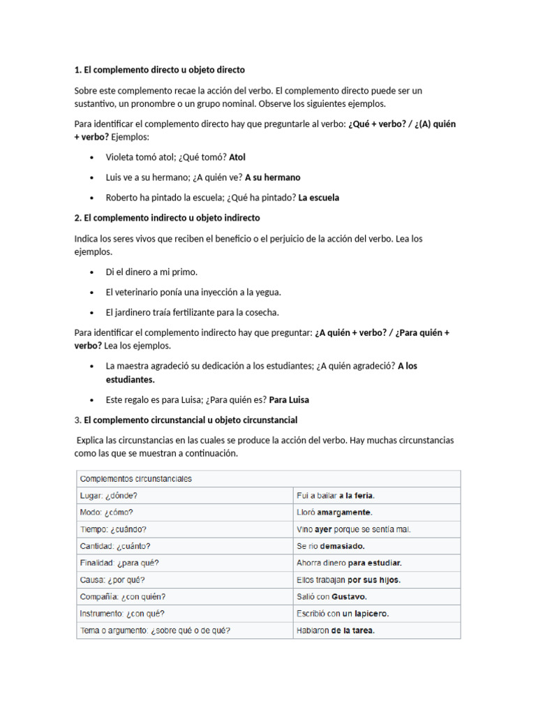 Complemento Directo, Indirectoy Circunstancial | PDF | Objeto ...