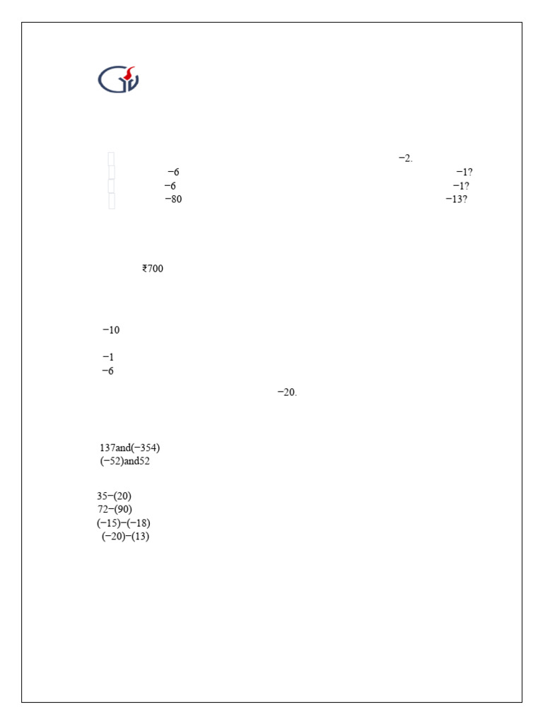 Integer Worksheet For Students Pdf