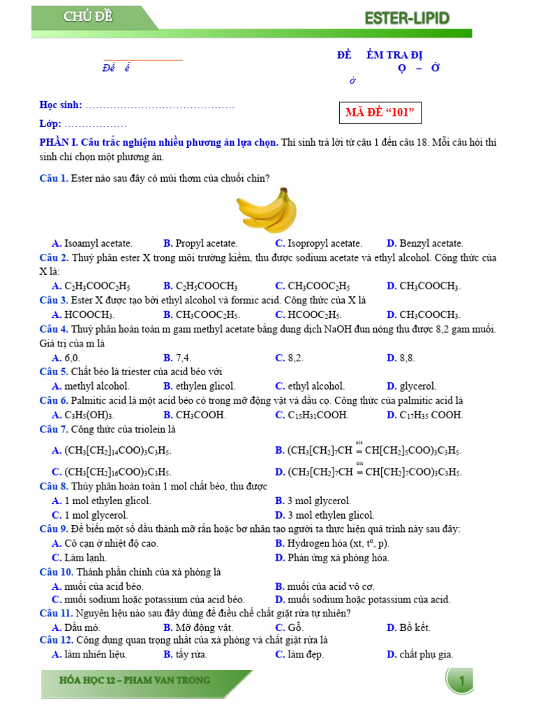 PHAM VAN TRONG EDUCATION-ĐỀ KIỂM TRA ESTER-LIPID-ĐỀ | PDF