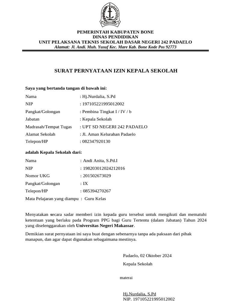 Surat Izin Kepala Sekolah | PDF