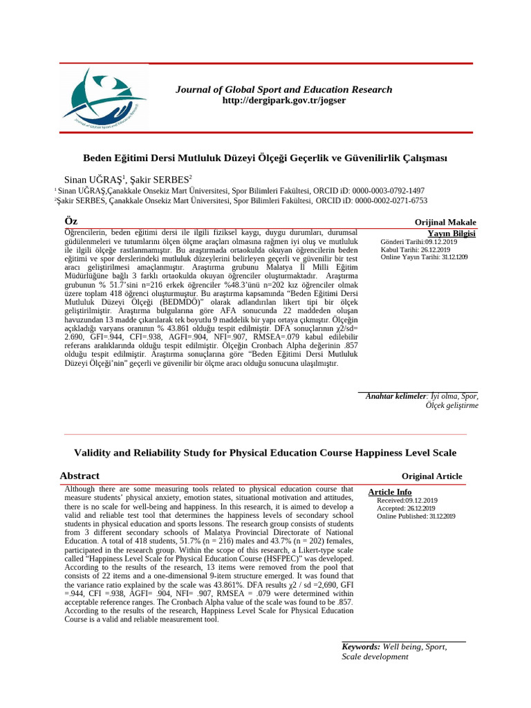 Beden Egitimi Dersi Mutluluk Duzeyi Olcegi Toad | PDF