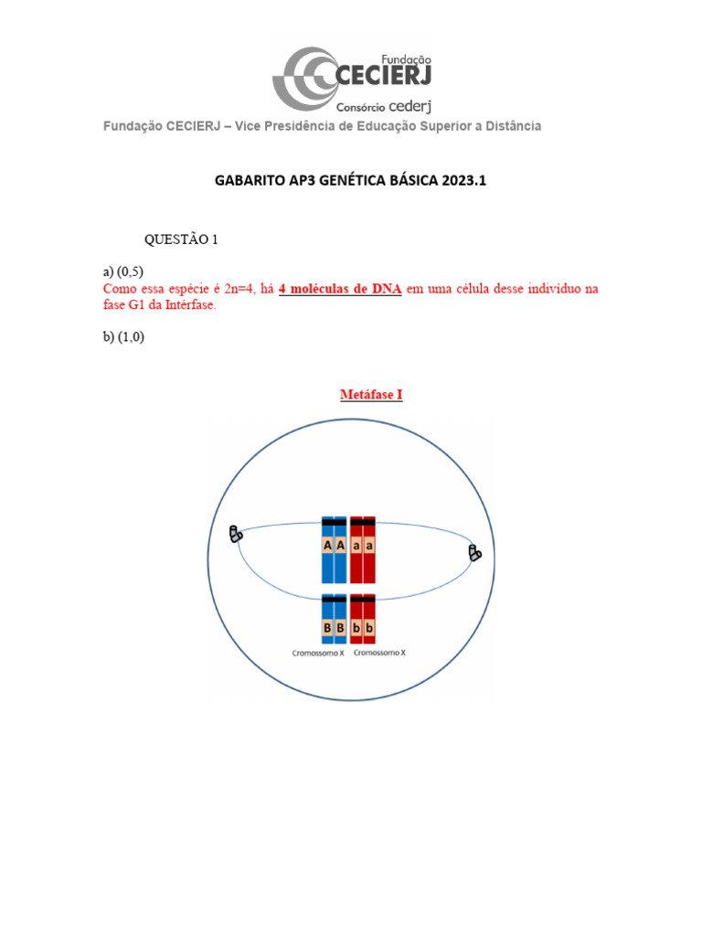 Gabarito Ap3 De Genética Básica 2023 1 Pdf Meiose Dominância
