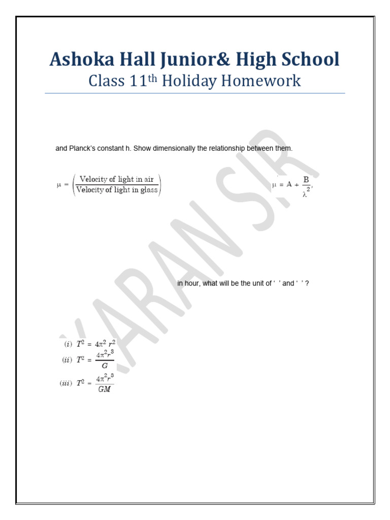11th Physics Holiday HW | PDF | Force | Velocity