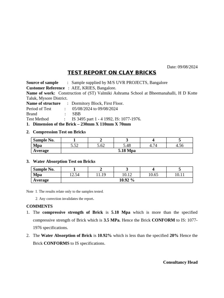 BRICK TEST RESULTS | PDF | Brick | Materials
