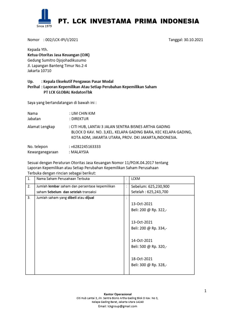 Surat Pembelian Saham LCK Investama Oct 2021 | PDF