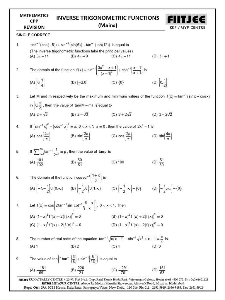 SR Maths Revision - INVERSE TRIGONOMETRIC FUNCTIONS - Mains CPP | PDF | Function (Mathematics ...