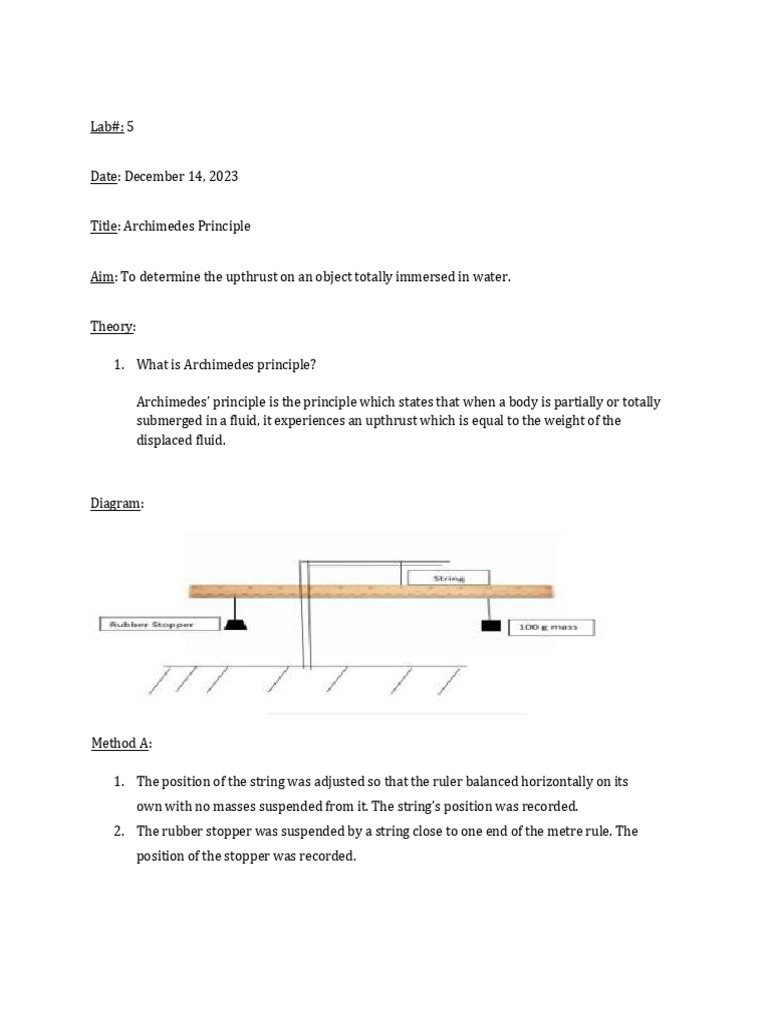Physics Lab #5 Archimedes' Principle | PDF | Buoyancy | Weight