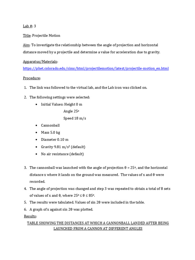 Physics Lab #3 Projectile Motion | PDF | Motion (Physics) | Physical ...