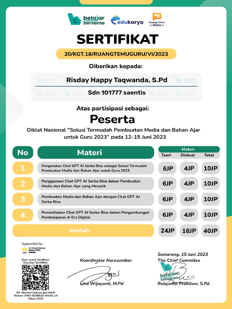 Sertifikat Risday Happy Taqwanda, S.PD | PDF
