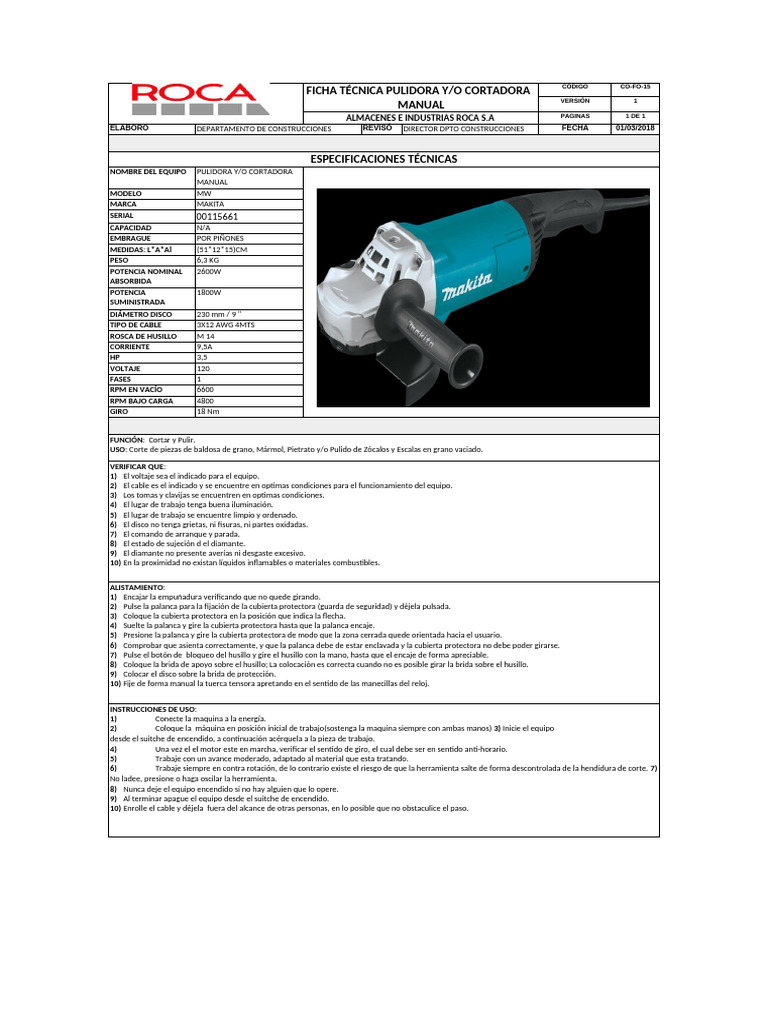 Ficha Tecnica Pulidora Manual Makita | PDF | Motores