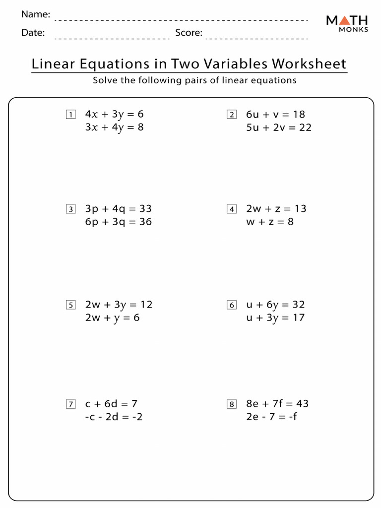 Linear Equations in Two Variables Worksheets | PDF