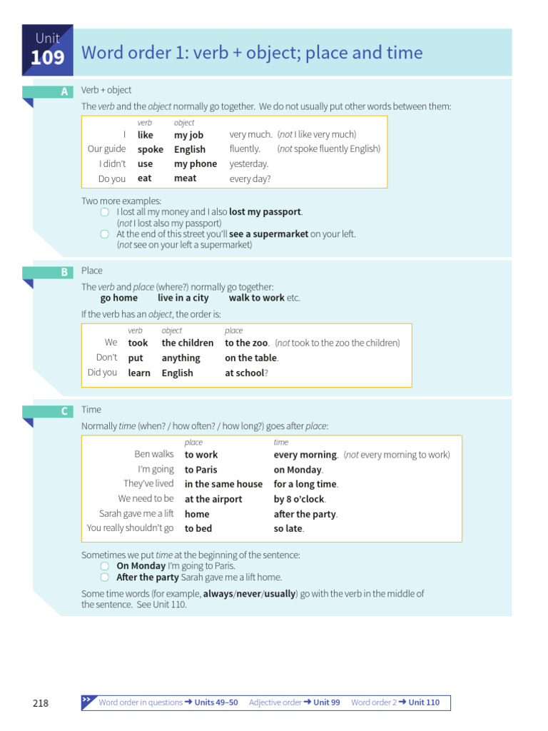 Word Order Rules: Verb, Object, Place & Time | PDF | Object (Grammar ...