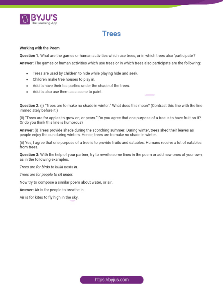 NCERT Solutions For Class 7 English Unit 5 Poem Trees 1 | PDF