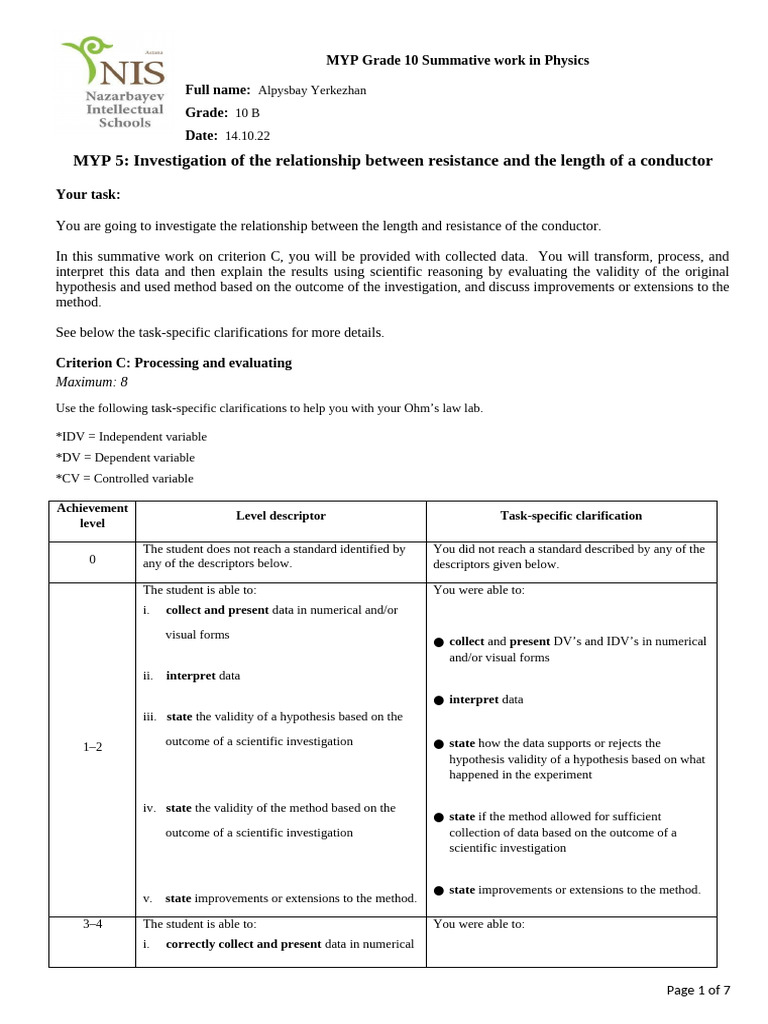 Physics SA - Criterion C - Resistance | PDF | Accuracy And Precision ...