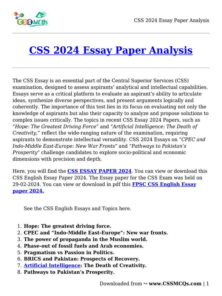 CSS 2024 Essay Paper Analysis | PDF | Essays | Creativity