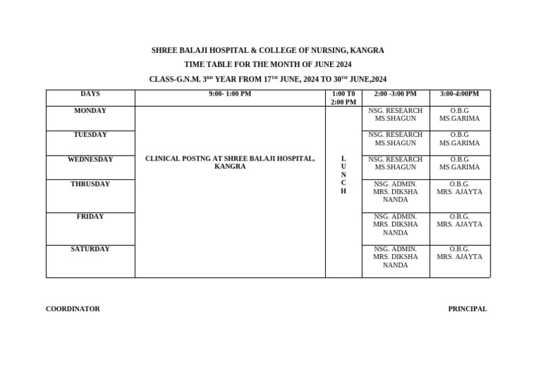 Time Table G.N.M. 3 RD YEAR | PDF