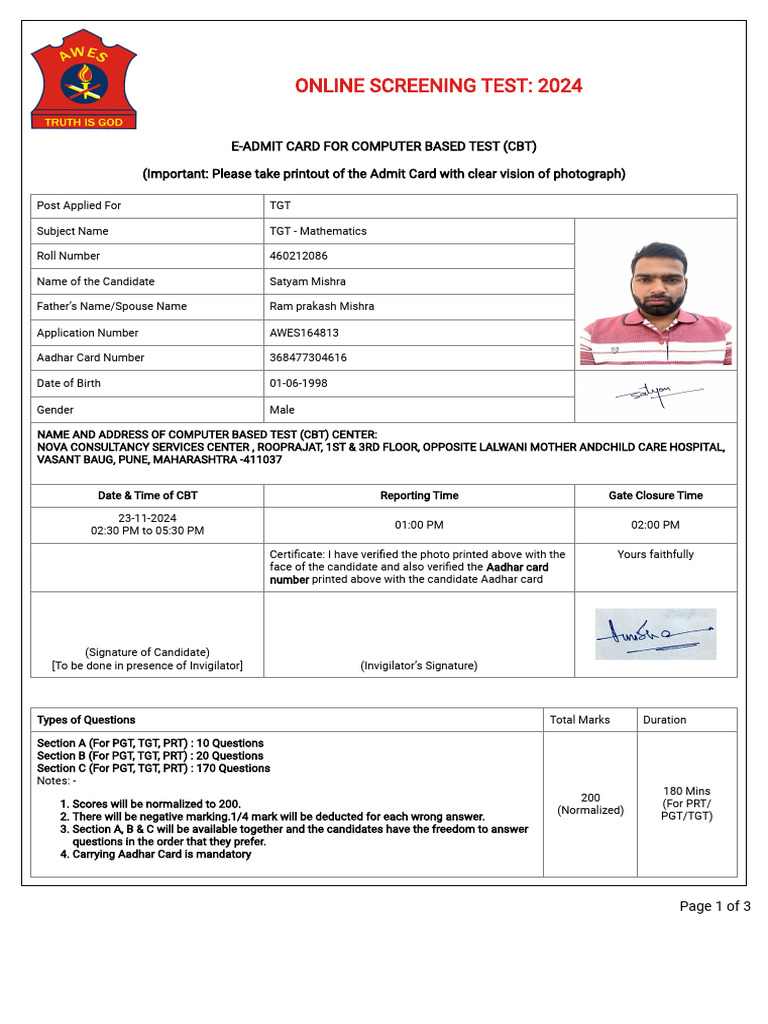 Admit Card | PDF | Identity Document