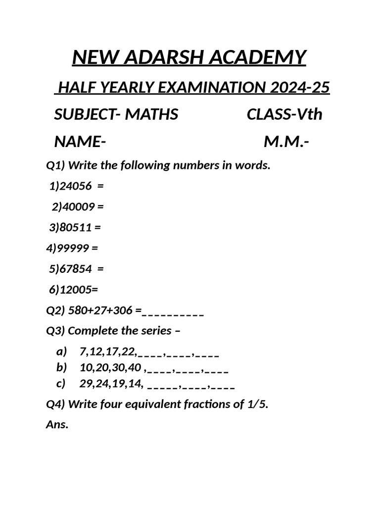 Class V Maths Exam Paper 5 | PDF
