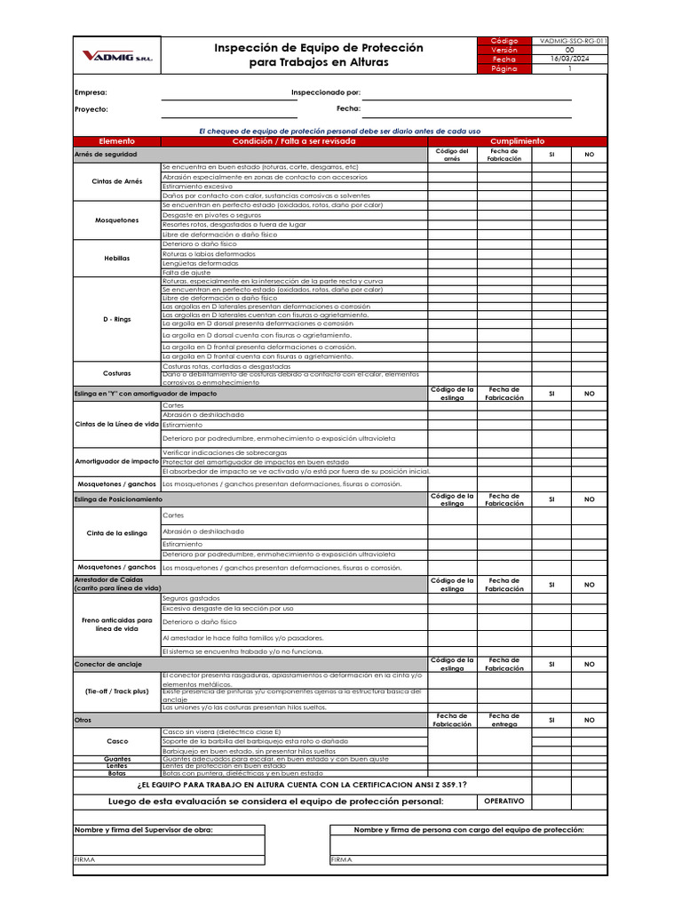 VADMIG-SSO-RG-011 Inspección de Equipo de Protección para Trabajos en Alturas | PDF