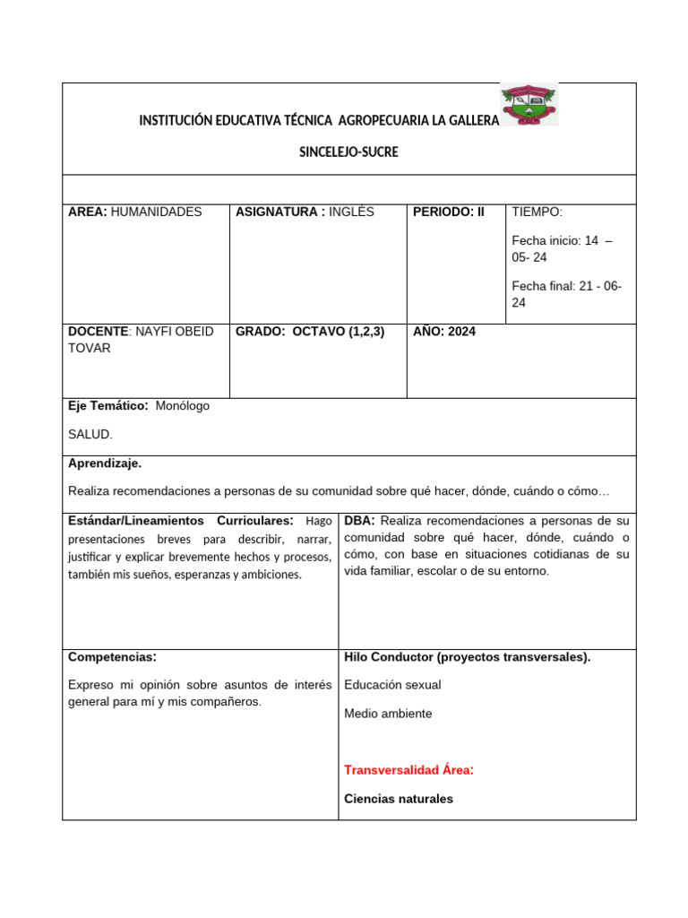 Plan de Clase #2 Octavo Grado Ii Periodo2023 | PDF | Verbo | Aprendizaje