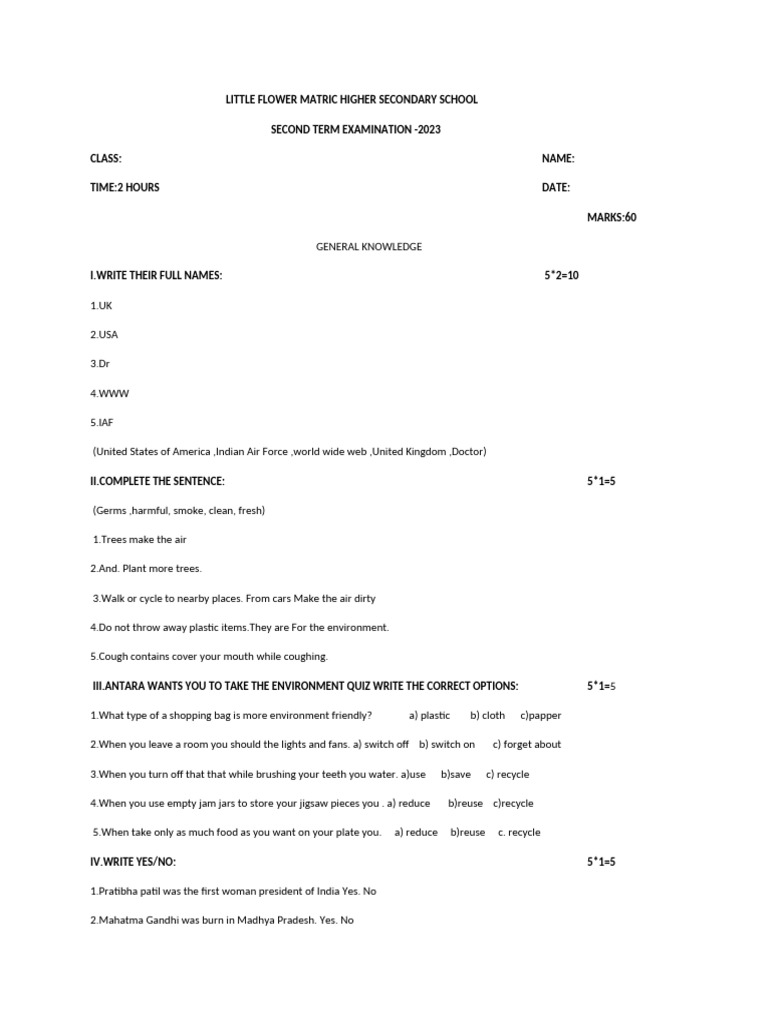 Class 2 General Knowledge Exam 2023 | PDF