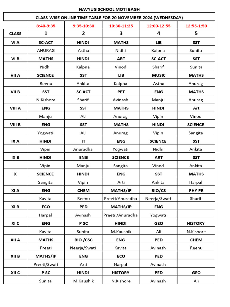 Class Wise Time Table For 20 Nov 2024-Merged-Compressed | PDF