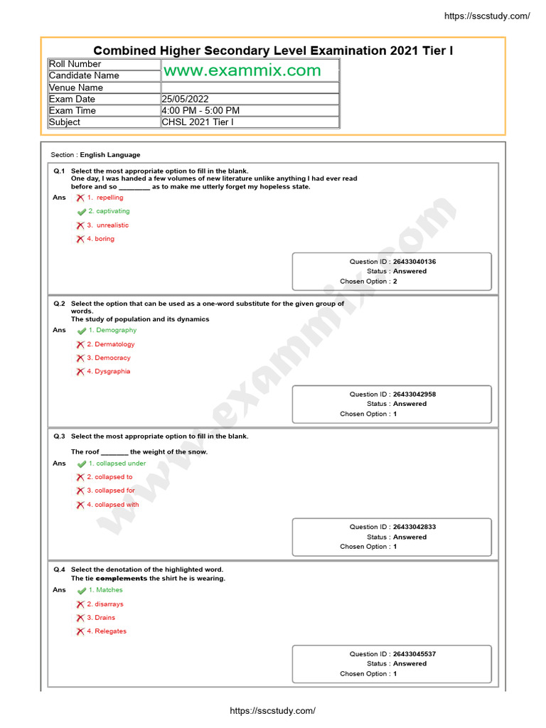SSC CHSL Tier 1 Question Paper 25-5-2022 All Shift in Hindi Sscstudy ...