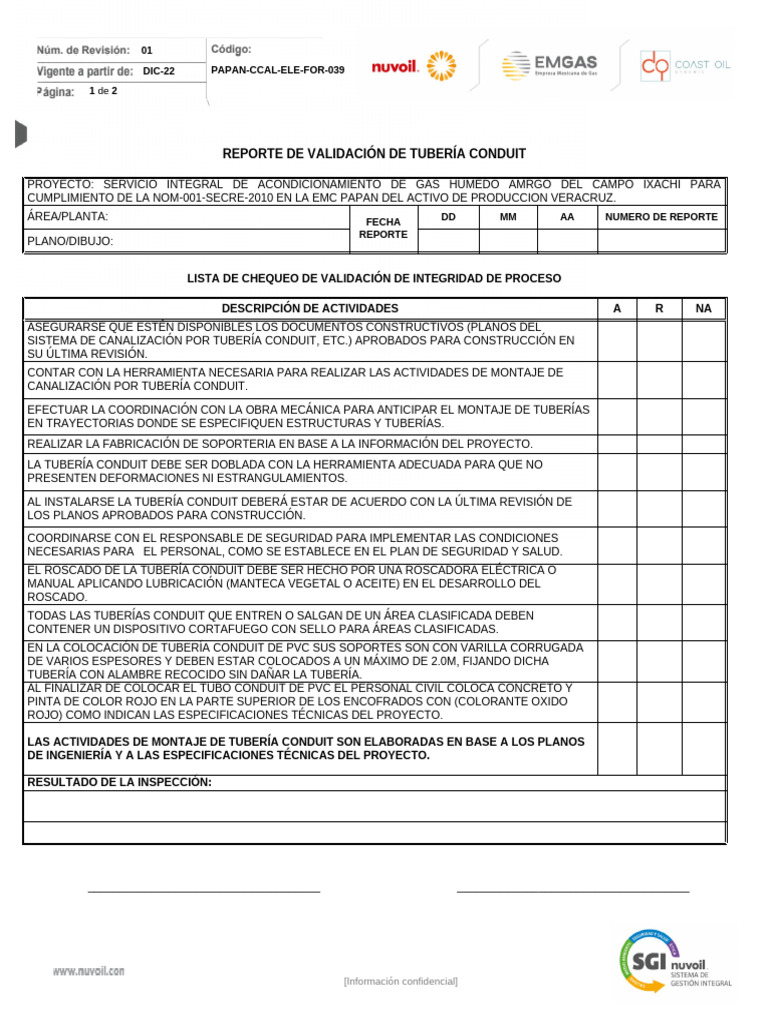 Papan-Ccal-Ele-For-039 Reporte de Validación de Tubería Conduit R1 | PDF | Tubería (transporte ...