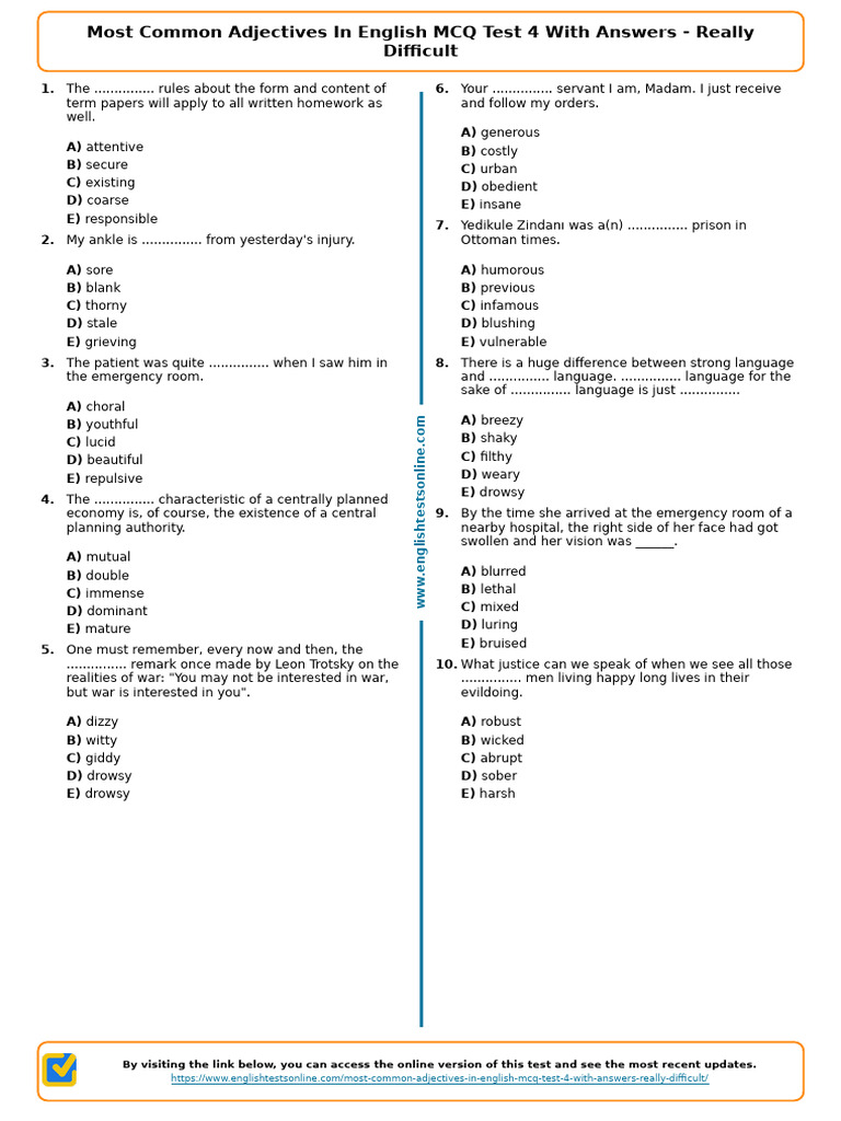 673 - Most Common Adjectives in English MCQ Test 4 With Answers Really ...