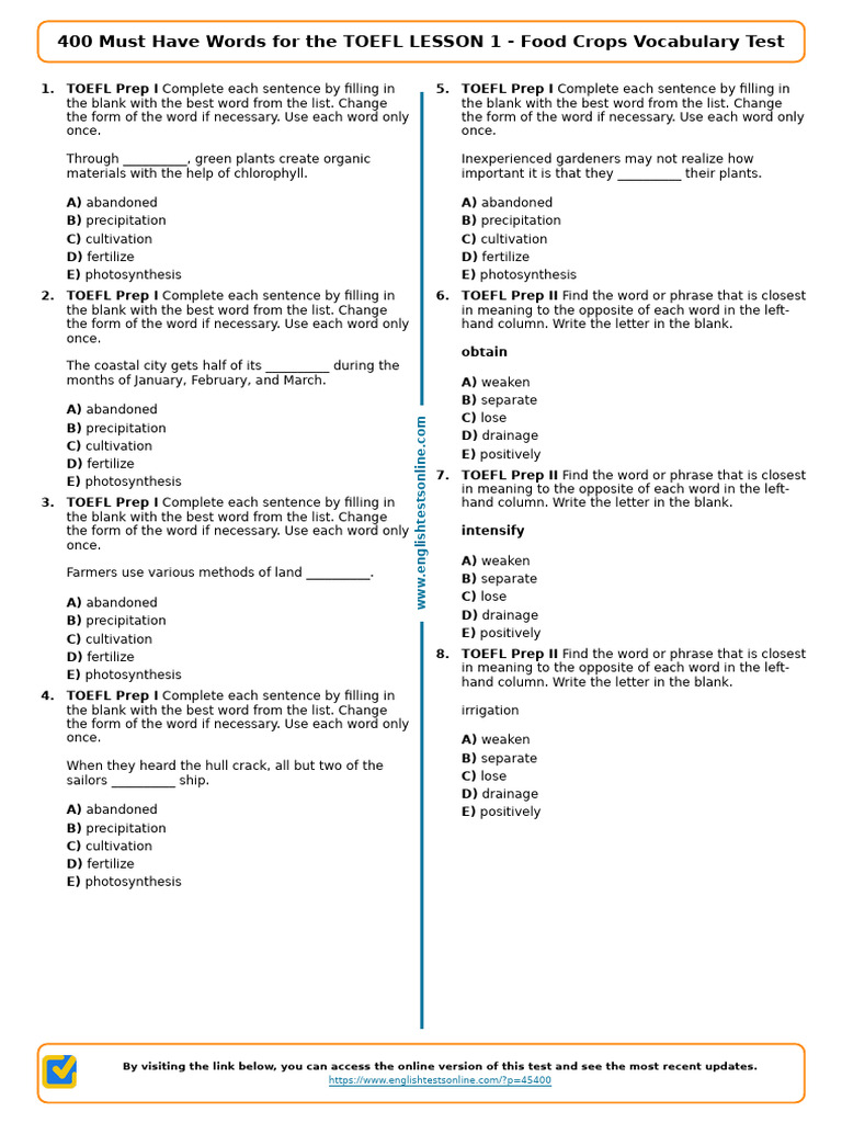 2293 - 400 Must Have Words For The Toefl Lesson 1 Food Crops Vocabulary ...