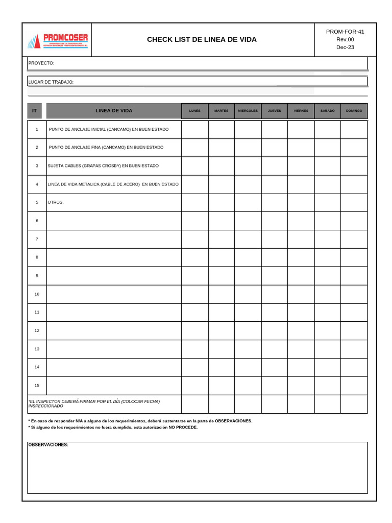 PROM-FOR-29 Check List de Linea de Vida | PDF