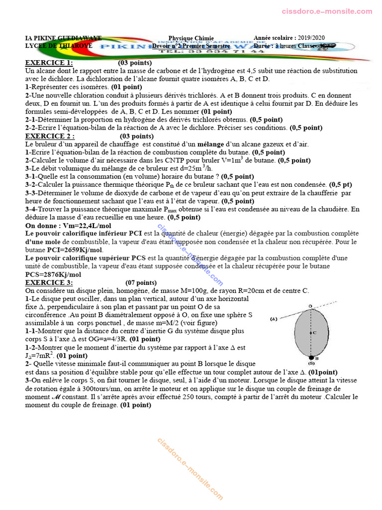 Devoir de Physique-Chimie 1S1 2020 | PDF | Masse | Rotation