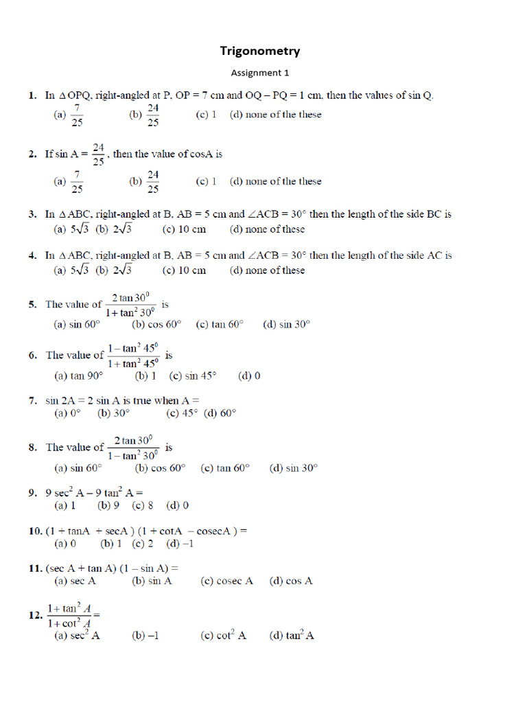 Trigonometry - MCQ - Assignment 1 | PDF