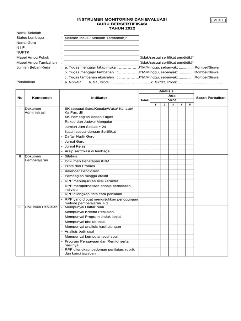 Instrumen Monev Guru 2022 | PDF