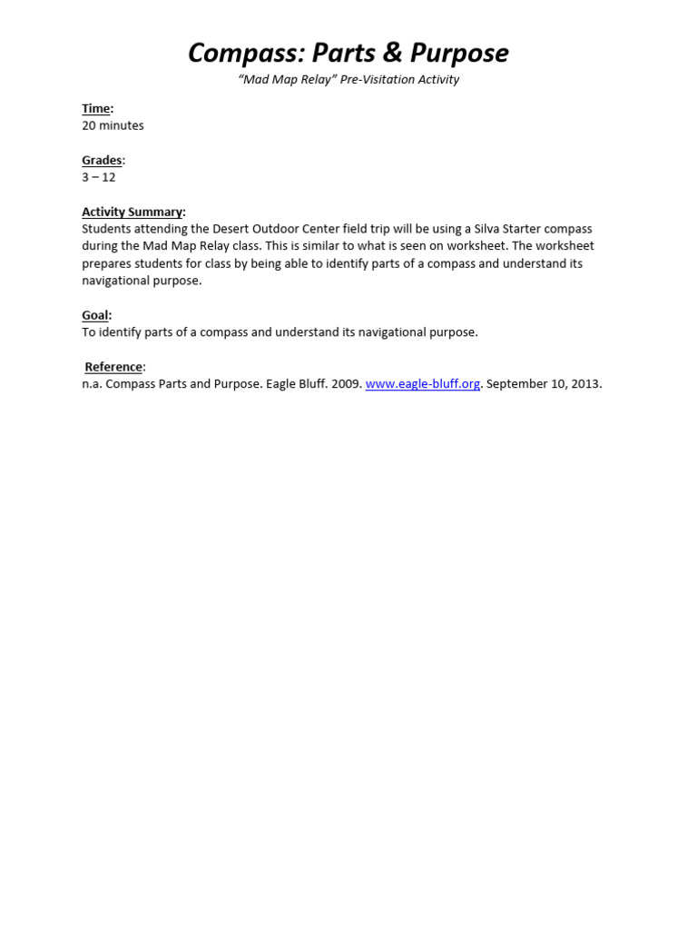 Compass Parts and Purpose Mad Map Relay Pre Visit Activity | PDF