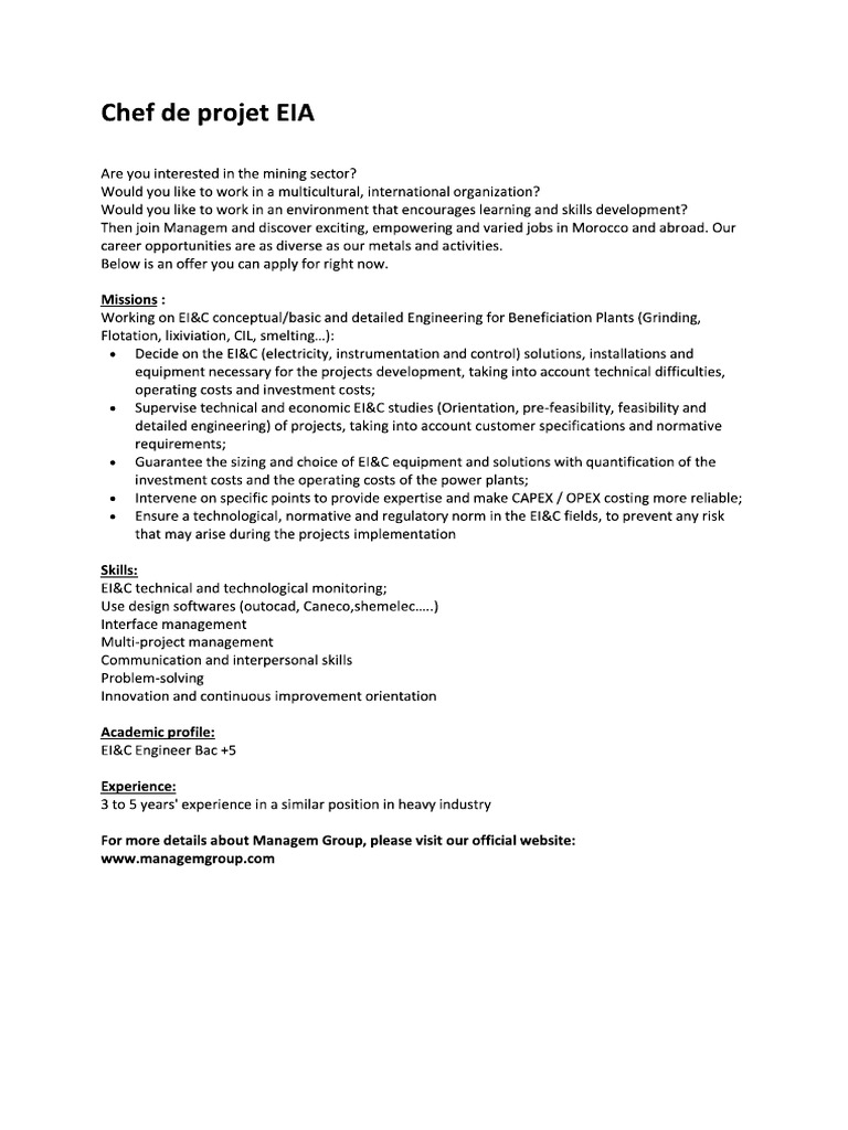 00 - Fiche de Poste - Chef Projet Eia | PDF