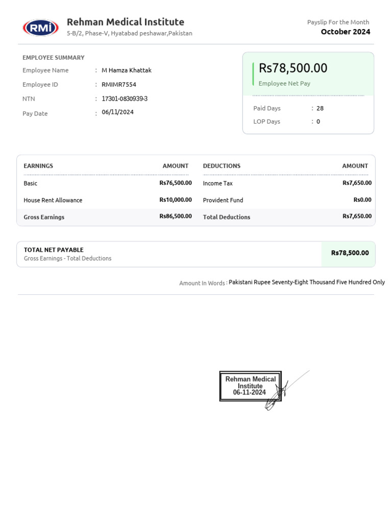 Hamza Pay Slip Rmi | PDF
