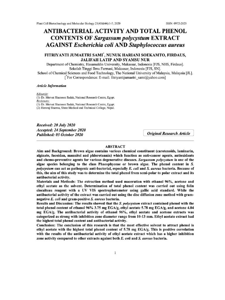 View of ANTIBACTERIAL ACTIVITY AND TOTAL PHENOL CONTENTS OF Sargassum Polycystum EXTRACT AGAINST ...