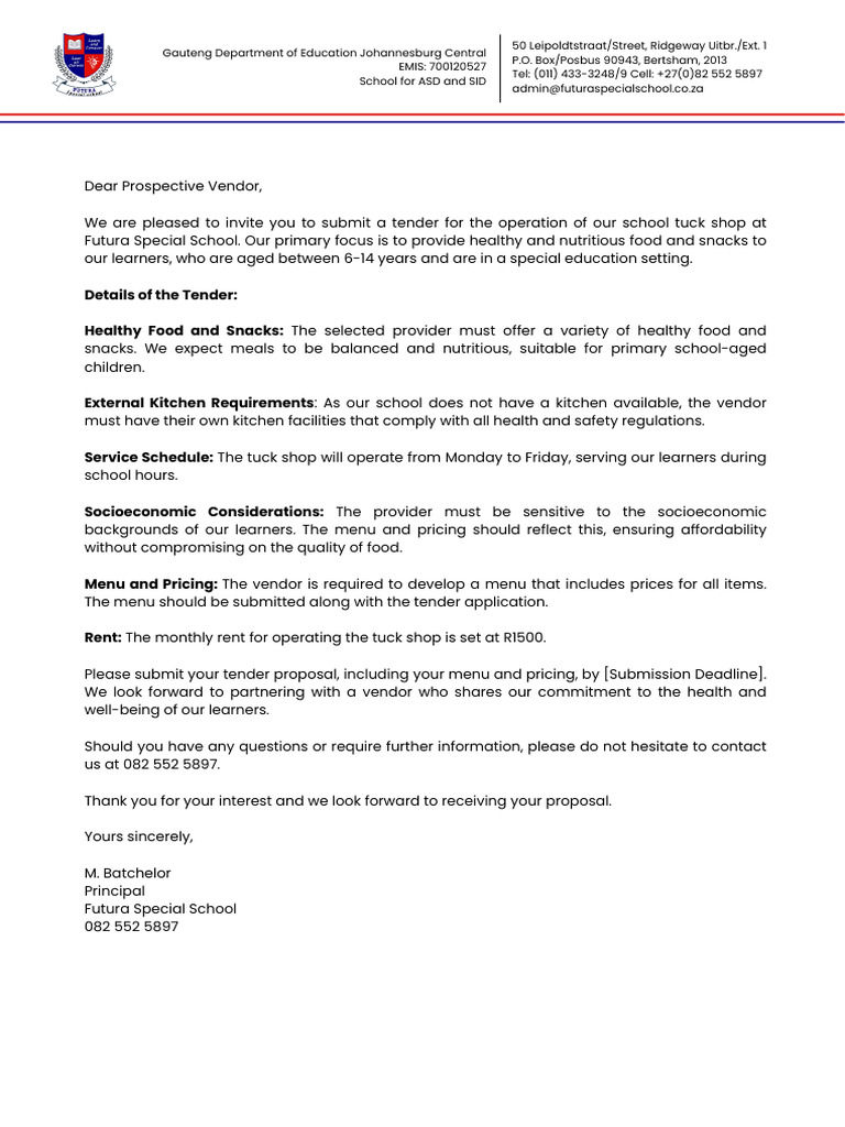 Tuck Shop Tender Proposal Request | PDF