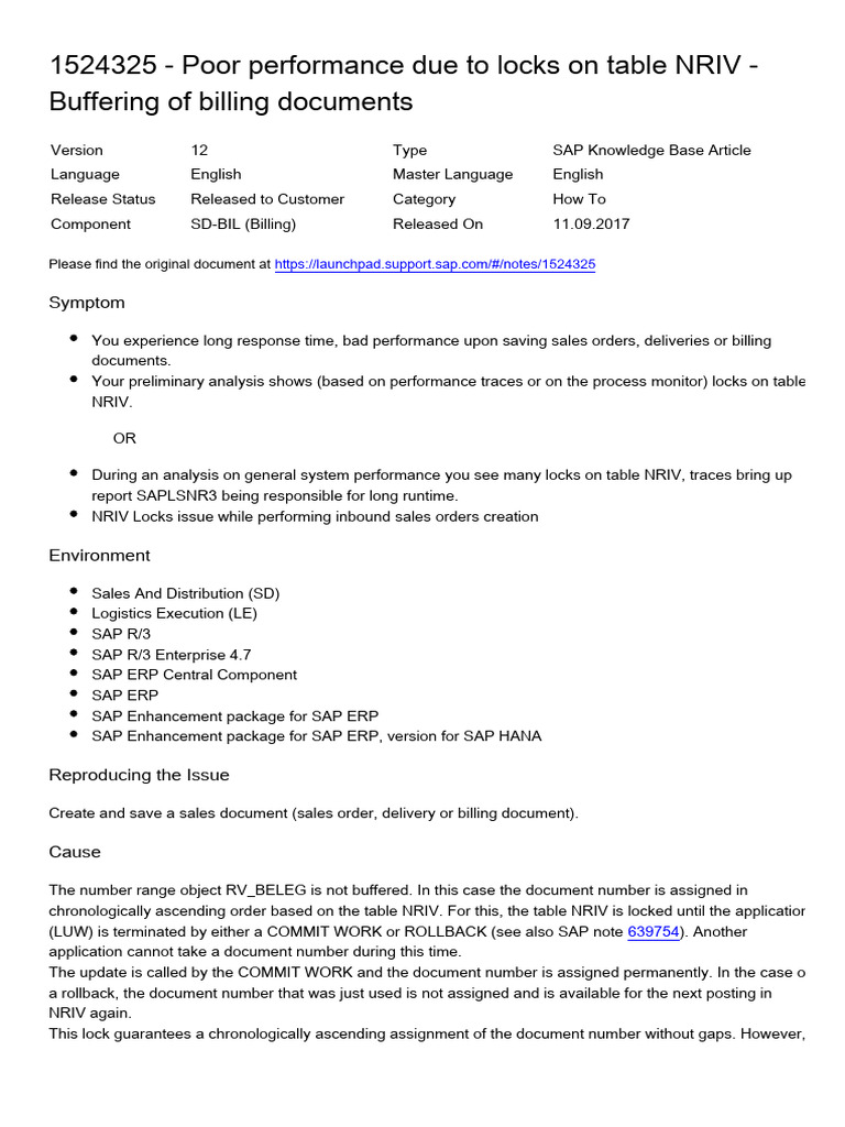SAP Note 1524325 - Poor Performance Due To Locks On Table NRIV ...